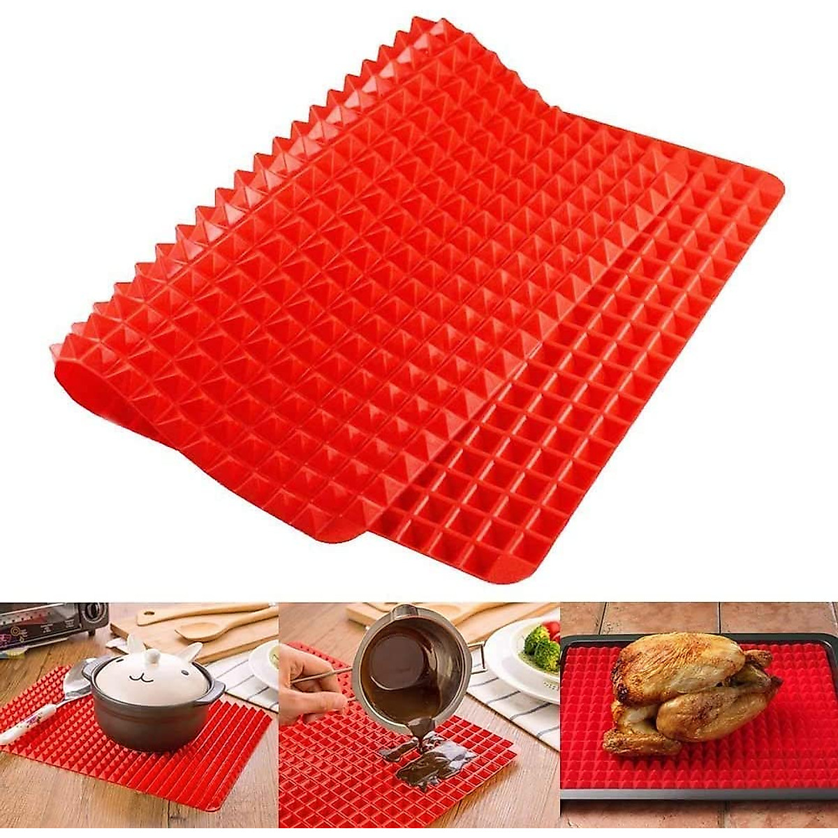 Top Pyramid Pan | 16 x 11 inches Large Red Pyramid / Raised Cone Shaped Healthy Silicone Mat for Cooking, Baking and Roasting | Superb Non-Stick Food Grade Silicone | Dishwasher Safe Series