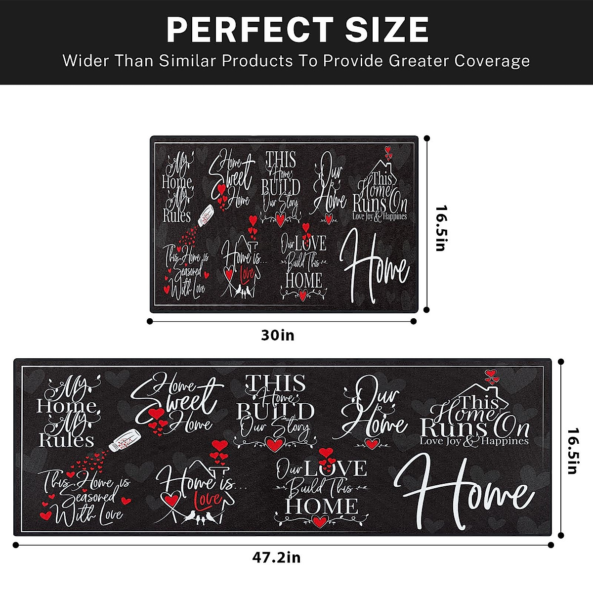 Tayney Black Kitchen Rugs and Mats Non Skid Washable Set of 2, Red Love Heart My Sweet Home Kitchen Runner Rug, Modern Phrase Doodle Under Sink Mats for Kitchen Floor Decor