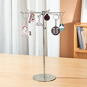 bjewego Rotating Keychain Display Stand - Height-adjustable Brushed Silver Metal Jewelry Organizer - Long Necklace Display Stand with 6 Hook - Scratch-resistant Display Racks for Craft Shows