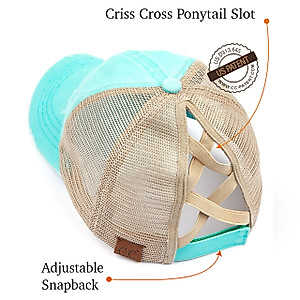 C.C Exclusives Washed Distressed Cotton Denim Criss-Cross Ponytail Hat Baseball Cap Bundle Hair Tie (BT-780)(BT-791) (A Elastic Band-Mint)