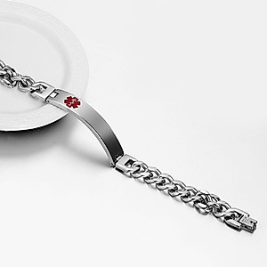 Lam Hub Fong Emergency Medical Alert Bracelets for Women Men Free Engrave Medical ID Bracelets 7.5 to 9.5 Inches Non Tarnish Titanium Steel Alert ID Bracelet (Silver-8.5 inches for men)