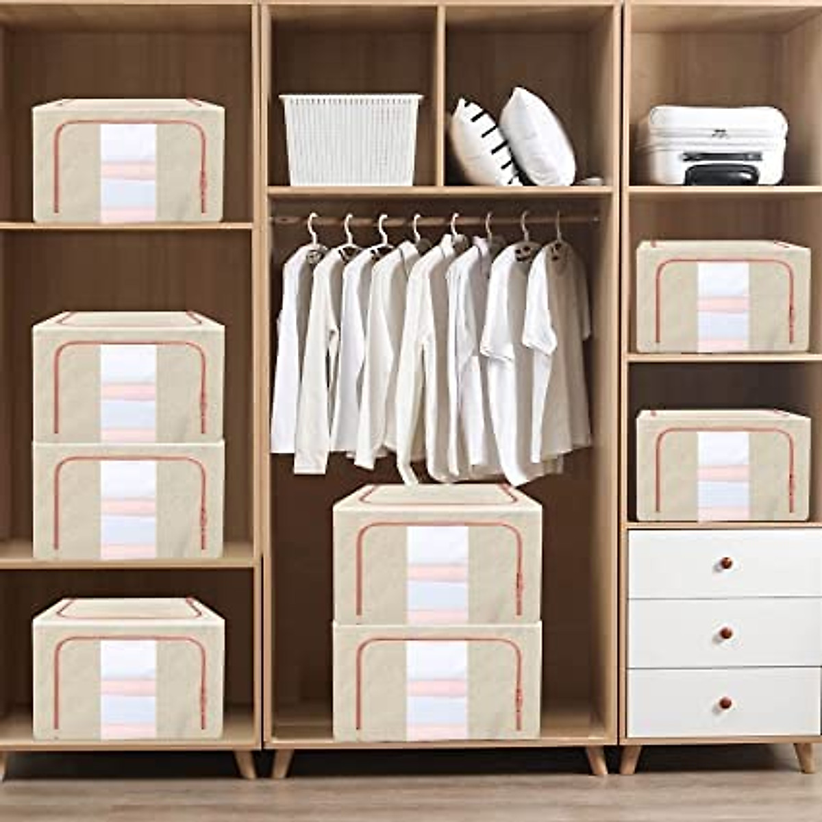 2 pack 66L foldable stackable storage box, steel frame clothes bag, bedroom container with 2 clear windows, 3 steel frames, 2 zippers, 2 reinforced handles ,thick linen fabric, waterproof,(2X66L, beige) for closet, comforters, blankets, bedding, quilt.