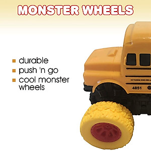 ArtCreativity Yellow School Bus Toy with Yellow Monster Truck Tires, Push n Go Toy Car for Kids, Durable Plastic Material, Best Birthday Gift for Boys, Girls, Toddlers