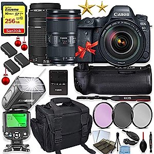 Canon EOS 6D Mark II DSLR Camera with 24-105mm f/4L II Lens Kit + Canon 75-300 III Lens + 256GB Sandisk Memory, TTL Speedlight Flash (Good Upto 180 Ft), Power Grip + Holiday Special Bundle (Renewed)