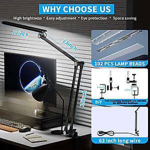 Space Saving LED Desk Lamps, Touch Adjustment 10 Color Temperatures &10 Brightness Eye-Caring Modes, Swing Arm Desk Light with Clamp,Lamp for Home Office 360° Spin Memory Function-Metallic Black