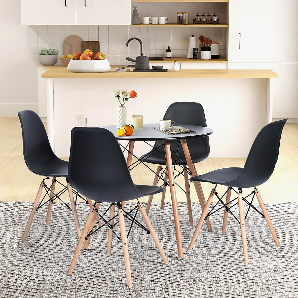 FurnitureR 31.5 Inch Modern Round Dining Table with Wooden Legs for Home Kitchen Living Room Corner Small Spaces Leisure, Black