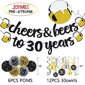30 Years Anniversary Decorations - Cheers & Beers to 30 Years Banner with Pom Poms 30th Sparkling Hanging Streamers for 30th Birthday Wedding Party Supplies Decorations - PRESTRUNG