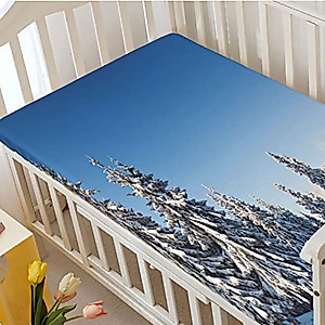 Snow Mountain Themed Fitted Crib Sheet,Standard Crib Mattress Fitted Sheet Soft Toddler Mattress Sheet Fitted-Crib Mattress Sheet or Toddler Bed Sheet,28“ x52“,Sea Blue and Multicolor