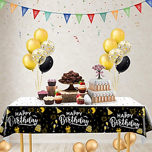 Happy Birthday Decorations, 3pcs Black and Gold Birthday Tablecloth for Men Women, Plastic Disposable Rectangle Table Cover for 90th 80th 70th 60th 50th 40th 30th Birthday Party Decor- 54" x 108"