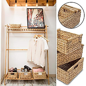 Wicker Baskets for Storage Organizing, Water Hyacinth Storage Baskets Rectangular with Wooden Handles for Shelves, Natural Wicker Storage Basket Bins - Set of Wicker Baskets for Organizing with Handle