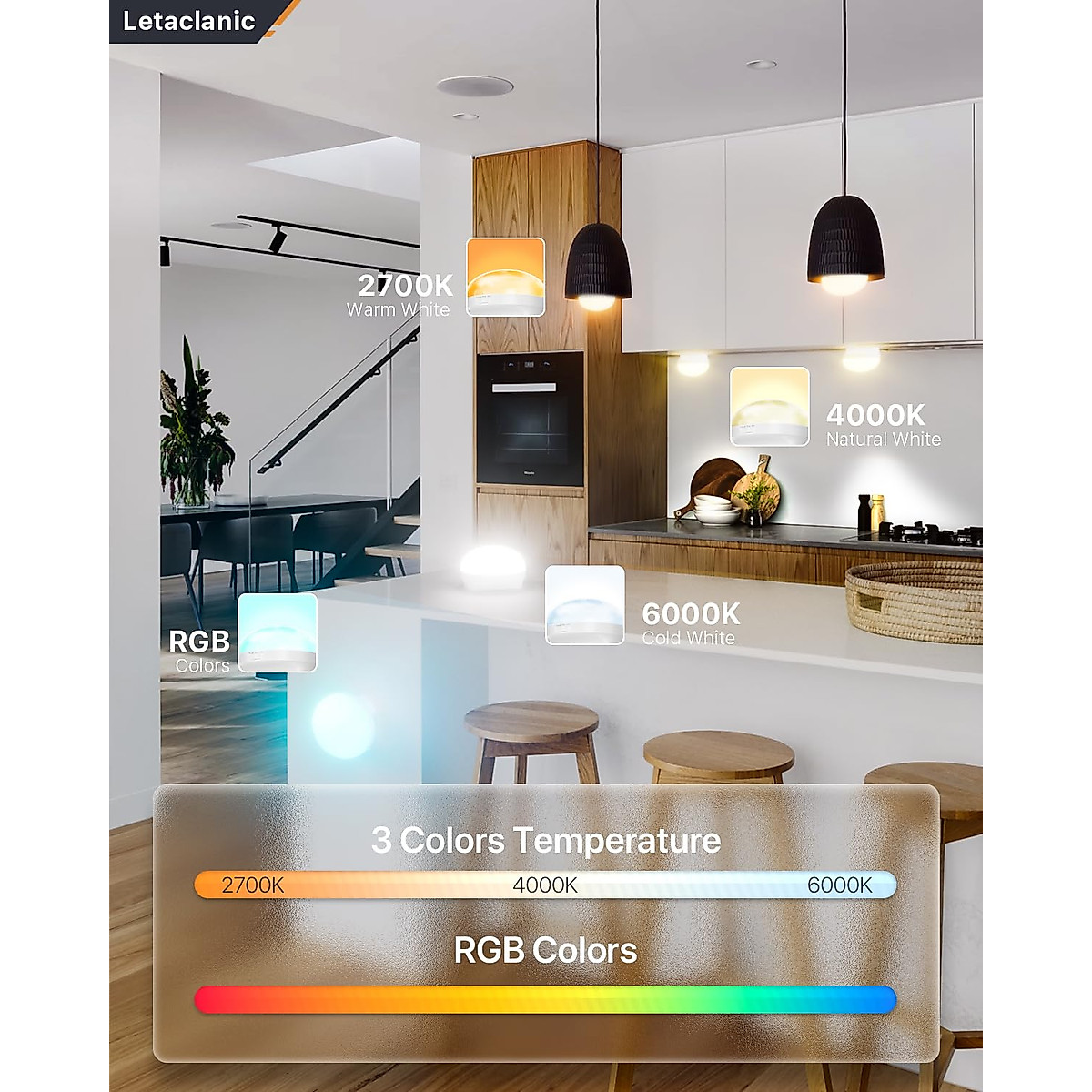 2 Packs E26 Rechargeable Light Bulbs, Magnetically 450LM/3-Color Temperature/RGB/60W Equivalent, Battery Operated Light Bulb with Remote Control/Timer/Dimmer/Detachable for Non-Hardwired