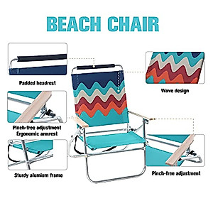 GREEN PARTY Beach Chair 2 Pack Aluminum Lightweight Folding Reclining Beach Chair with 3 Positions, Cooler Bag, and Wooden Armrest for Outdoor Camping Lawn, Support 250LBS, Blue