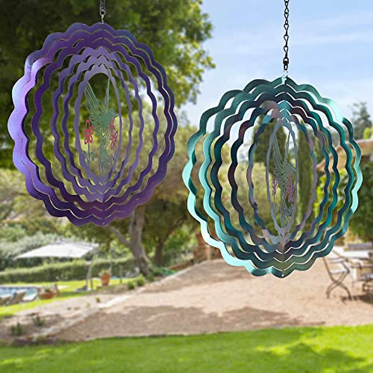 Glintoper 2 Pack Hummingbird Wind Spinners, 12 Inch Stainless Steel 3D Laser Cut Sun Catcher Metal Art, Indoor Outdoor Hanging Garden Decoration Colorful Crafts Ornaments Wind Spinner