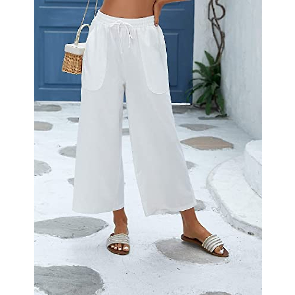 Zeagoo Women's Summer Cotton Linen Palazzo Pants Drawstring Waist Wide Leg Pocket Loose Casual Trousers White M