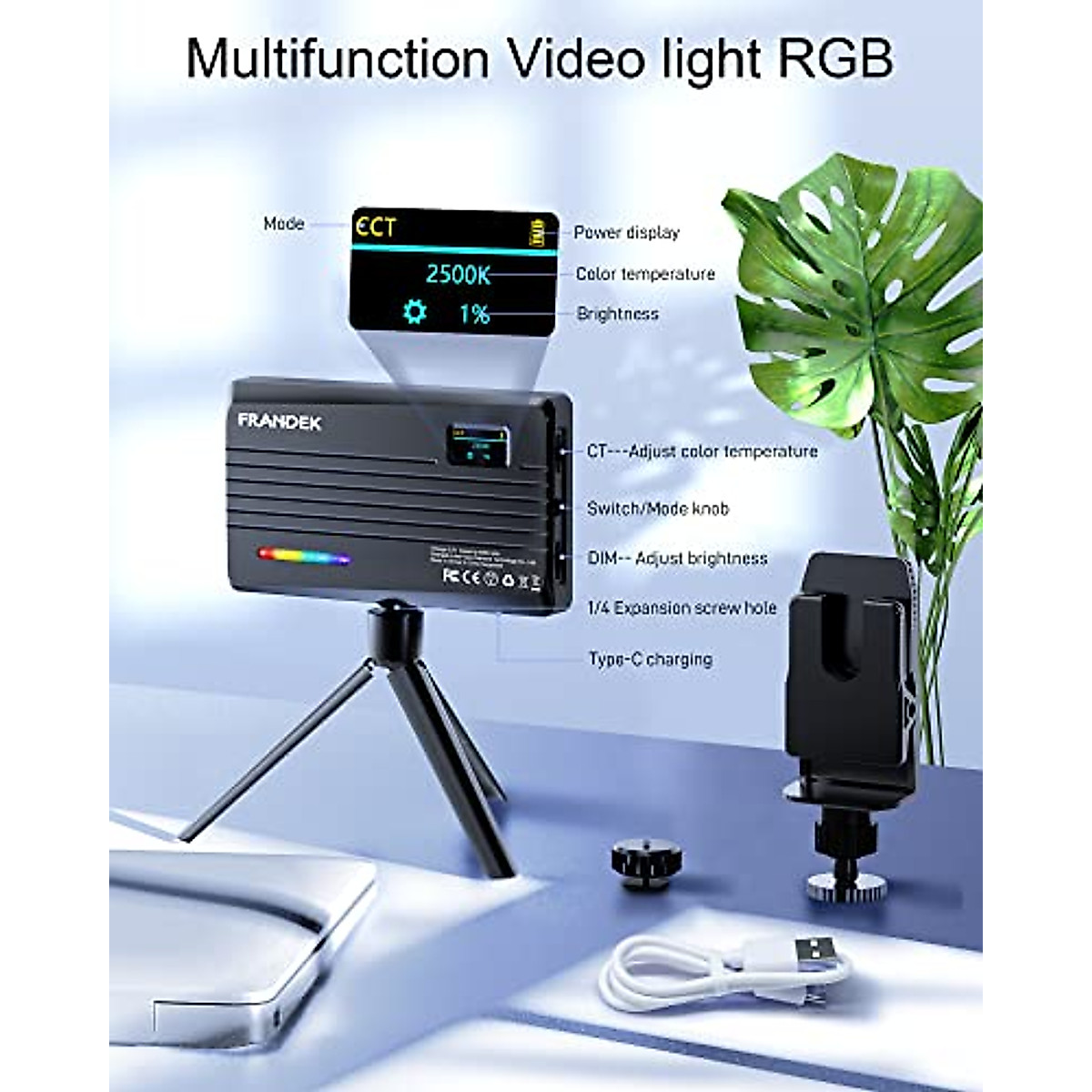 FRANDEK Portable Light for Photography, 4000mAh Rechargeable RGB On-Camera Video Lights 360°Full Color, LED Soft Video Conference Lighting Dimmable 2500K-9000K, Selfie Lighting for Live Streaming