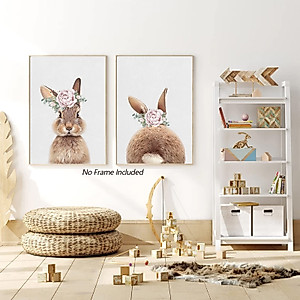 Joocrise Bunny Rabbit Wall Art Baby Girl Nursery Wall Art UNFRAMED, Nursery Canvas Prints Bunny Pictures for Nursery Room Decor Nursery Artwork Baby Woodland Animal Pictures 16x24 Inch, Set of 2