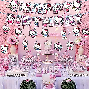 Kitty Birthday Party Supplies for Girls, Kitty Theme Happy Birthday Banner with 12pcs Hanging Swirls Decorations for Kitty Party Decorations, Kitty Birthday Party Favors