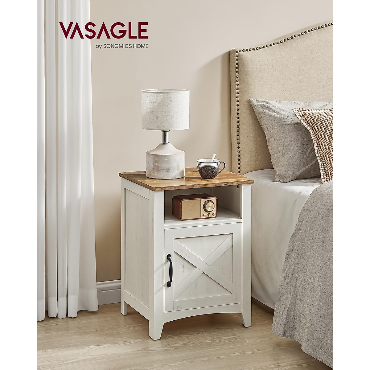 VASAGLE Farmhouse Nightstand with Barn Door, Set of 2, Bedside Table with Storage, Side End Table, Night Stand with Open Compartment, for Bedroom, Rustic White and Honey Brown ULET809K41