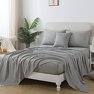 FADFAY Black Plaid Queen Size Sheets 100% Cotton Geometric Checker Bedding Teens Grid White Gingham Pattern College Bedding Deep Pocket Sheets with 2 Pillowcases Ultra Soft 4pcs, Queen Size