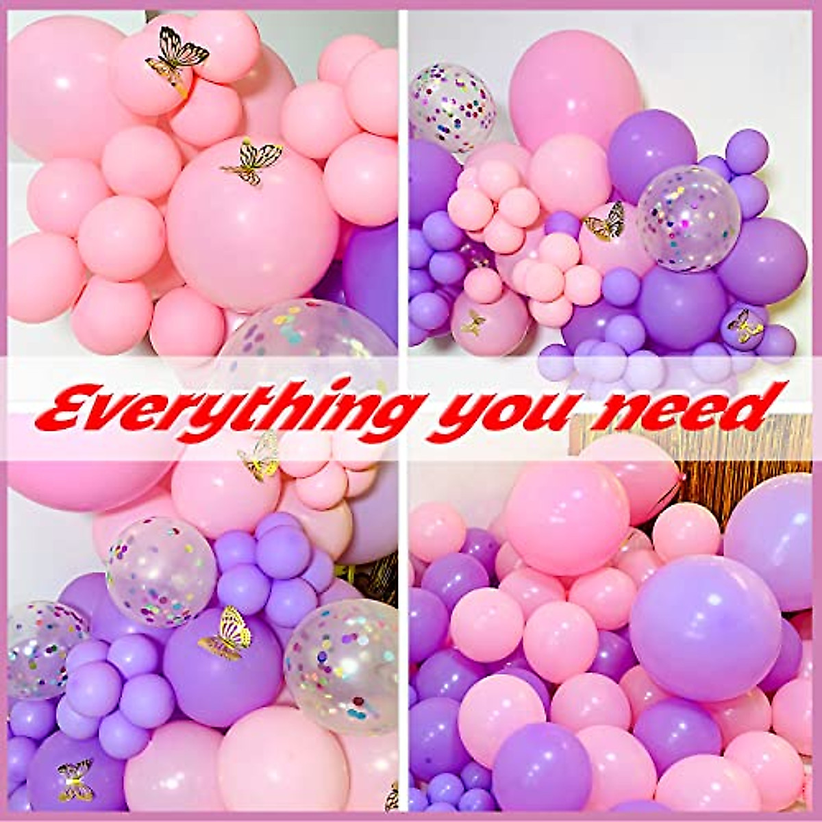 Pastel Pink Purple Balloon Garland Arch Kit 129 Piece Butterfly Theme Balloon Arch with Confetti Latex Balloons for Girls Women Birthday Baby Bridal Shower Wedding Party Decoration