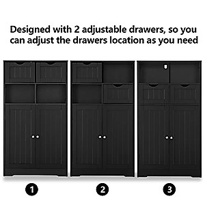 Iwell Large Bathroom Cabinet, Bathroom Storage Cabinet with 2 Drawers & 2 Shelves, Bathroom Floor Cabinet with 2 Doors for Living Room, Bedroom, Kitchen, Black
