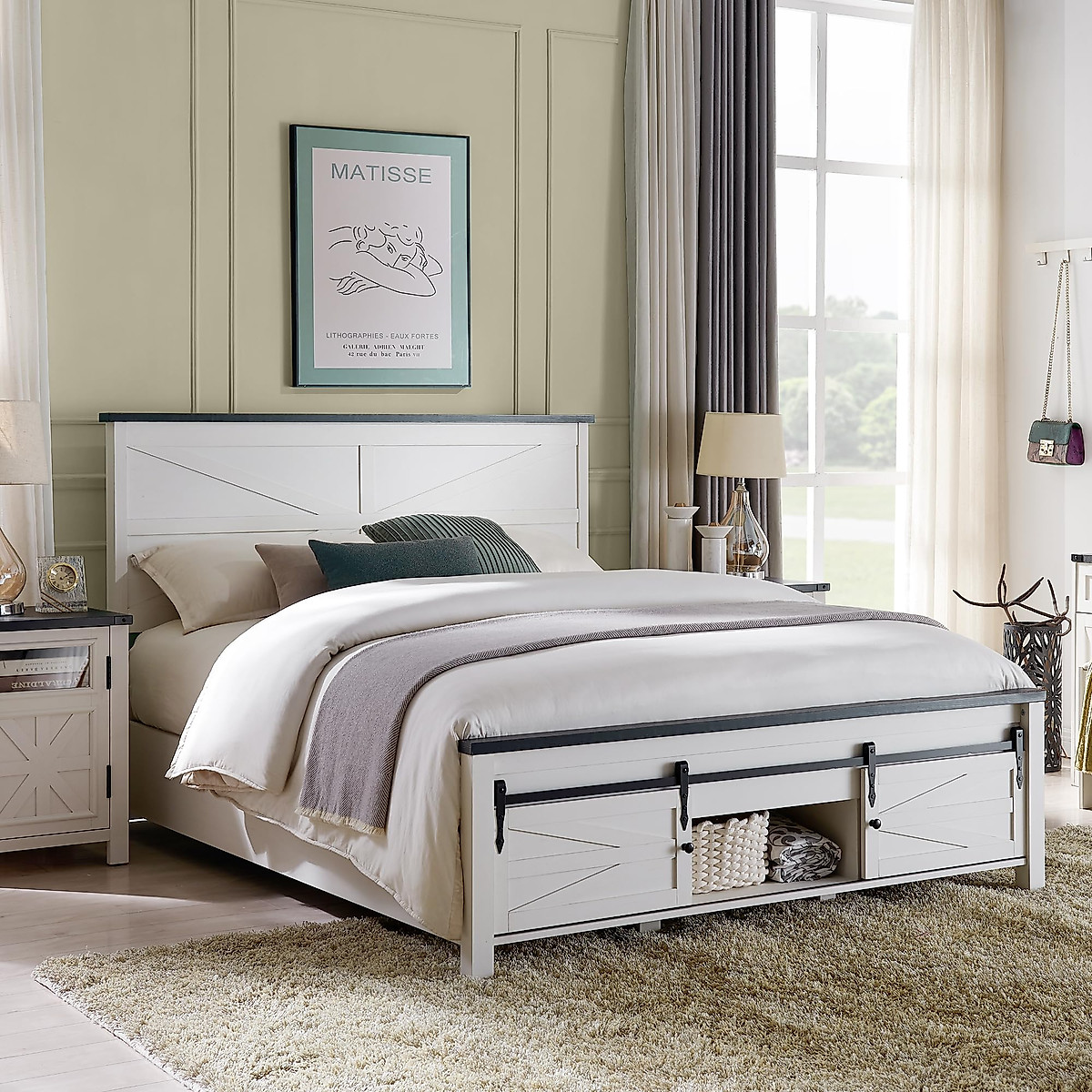 JXQTLINGMU Farmhouse Wood Bed Frame Queen Size with Sliding Barn Door Storage Cabinets and Headboard, Solid Wood Slats Support, Noiseless, No Box Spring Needed, Antique White
