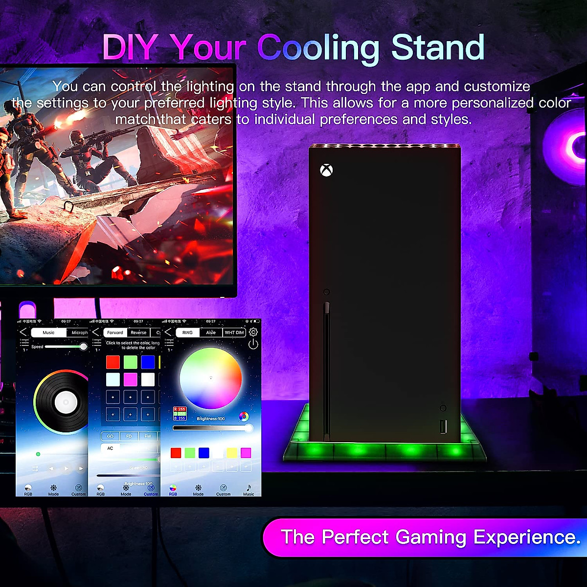 Gina LED Light Cooling Stand for Xbox Series X/S Console Accessories, 5050 Chip RGB LED Strip Vertical Stand, 12 Colors 300 Effects, DIY Multi-Colour Light by App Control, Music Sync, Heat Dissipation