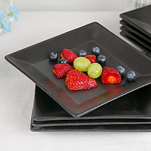 vicrays Ceramic Square Dinner Plates Set 8 inch Porcelain Serving Plates for Salad Dessert Appetizer Bread - Set of 4 - Black