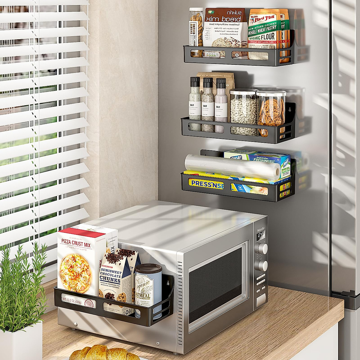 SAKFEP Magnetic Spice Rack for Refrigerator, 4 Pack Premium Plastic Spice Rack Organizer,Magnetic Fridge Shelf Seasoning Rack,Perfect Kitchen Organization and Storage (Black)