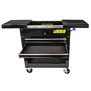 JEGS Heavy-Duty Tool Box Cart | 220 LBS Capacity | Uses Four 4” Caster Wheels | Includes 2 Keyes and 6 Drawer Liners | Black with JEGS Logo | 2 Locking Drawers | Sliding Top