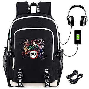 Roffatide Anime Demon Slayer Backpack for Boys Printed Schoolbag Laptop Rucksack with USB Charging Port & Headphone Port Black