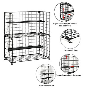Mug Rack Cup Holder Rack - 4 Tier Stackable Water Bottle Holder Storage for Cabinet Countertop Cupboard Pantry Organization Shelf & Coffee Cup Holder Wall Mounted, Metal Black