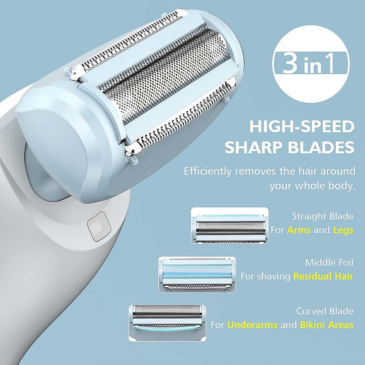 Electric Razors for Women, RenFox Electric Shaver for Women with LED Light, Body Hair Removal for Legs Underarms Pubic Hair Rechargeable Painless 3-Blades Wet Dry Use Bikini Razor with Base - Blue