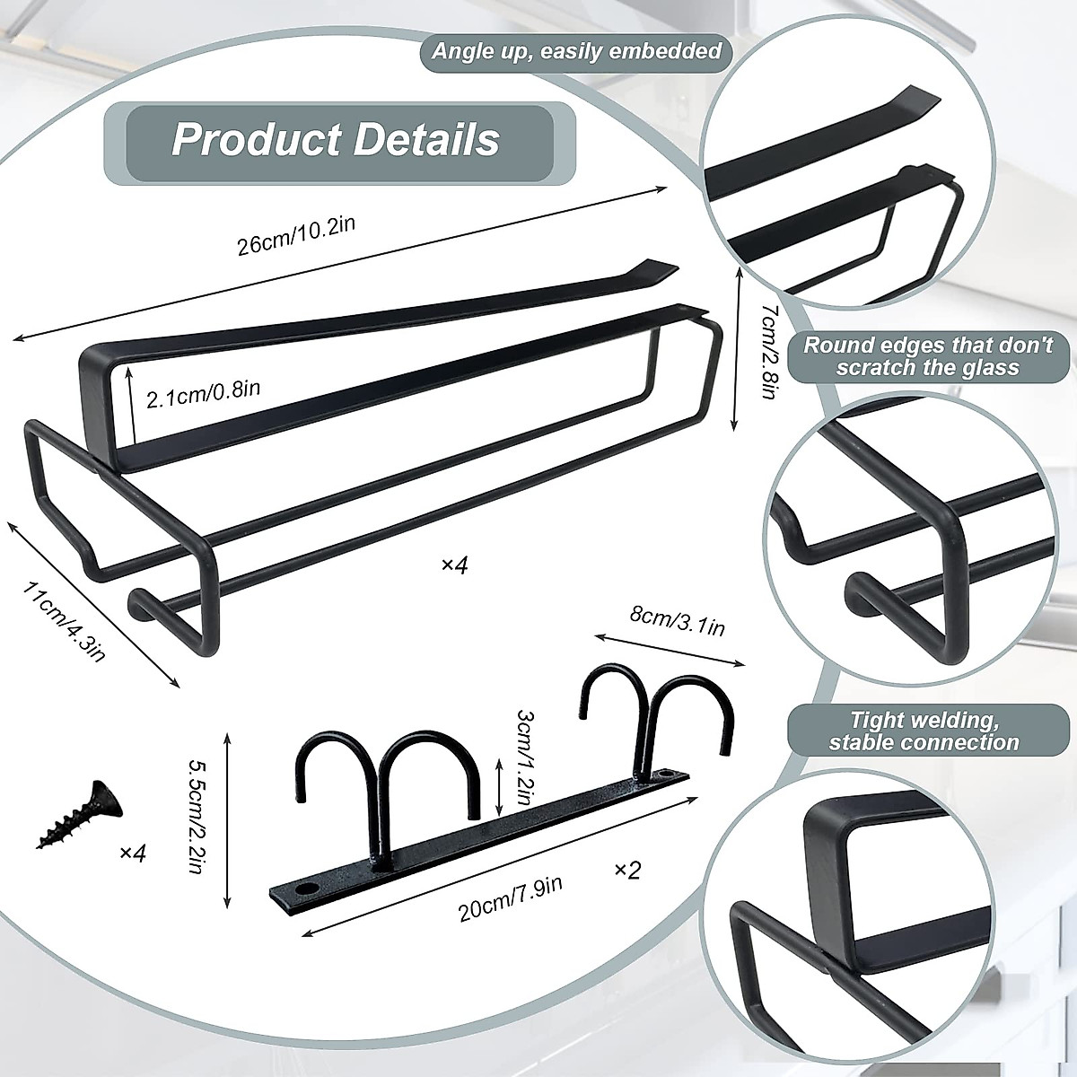 Wine Glass Holder Under Cabinet, Movable 4 Rows 12" Nail Free Metal Wine Glass Rack Stemware Wine Glasses Hanger Storage Rack Organizer Under Shelf With Mugs Set Holder for Cabinet Kitchen Bar