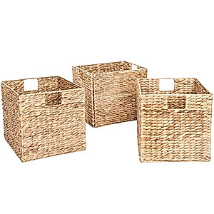 3 Decorative Hand-Woven Small Water Hyacinth Wicker Storage Basket, 13x11x11 Perfect for Shelving Units