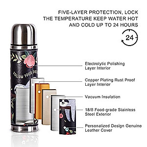 ZZKKO Sloth Follow Your Dreams Stainless Steel Water Bottle Leak Proof Vacuum Insulated Thermos Flask 17 Oz Genuine Leather Wrapped Cover