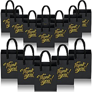 KPOSIYA Small Thank You Gift Bags, 35pcs Mini Gift Bags with Handles,4 x 2.75 x 4.5 Black Small Gift Bags with Tag for Christmas Thanksgiving Party Favors (Black Gold)