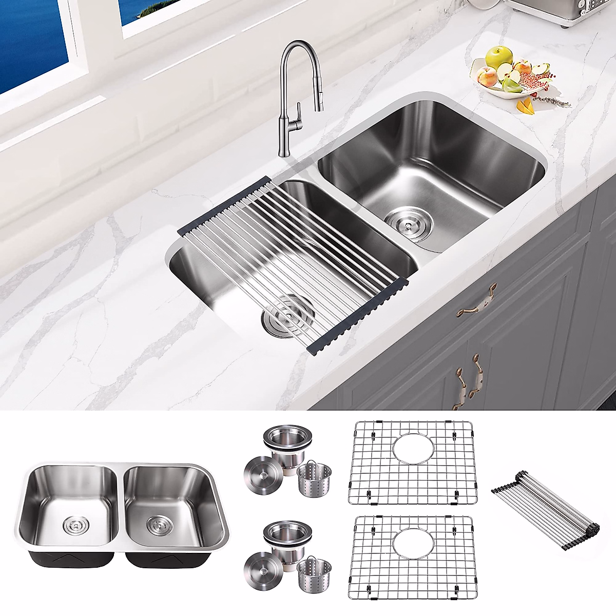 KABCO 32 Inch Big Double Equal Bowl Stainless Steel Classic Kitchen Sink, Rust Sound and Heatproof Undermount Sink with Sink Strainers, Removable Baskets, Sink Grids, and a Rolling Up Grid