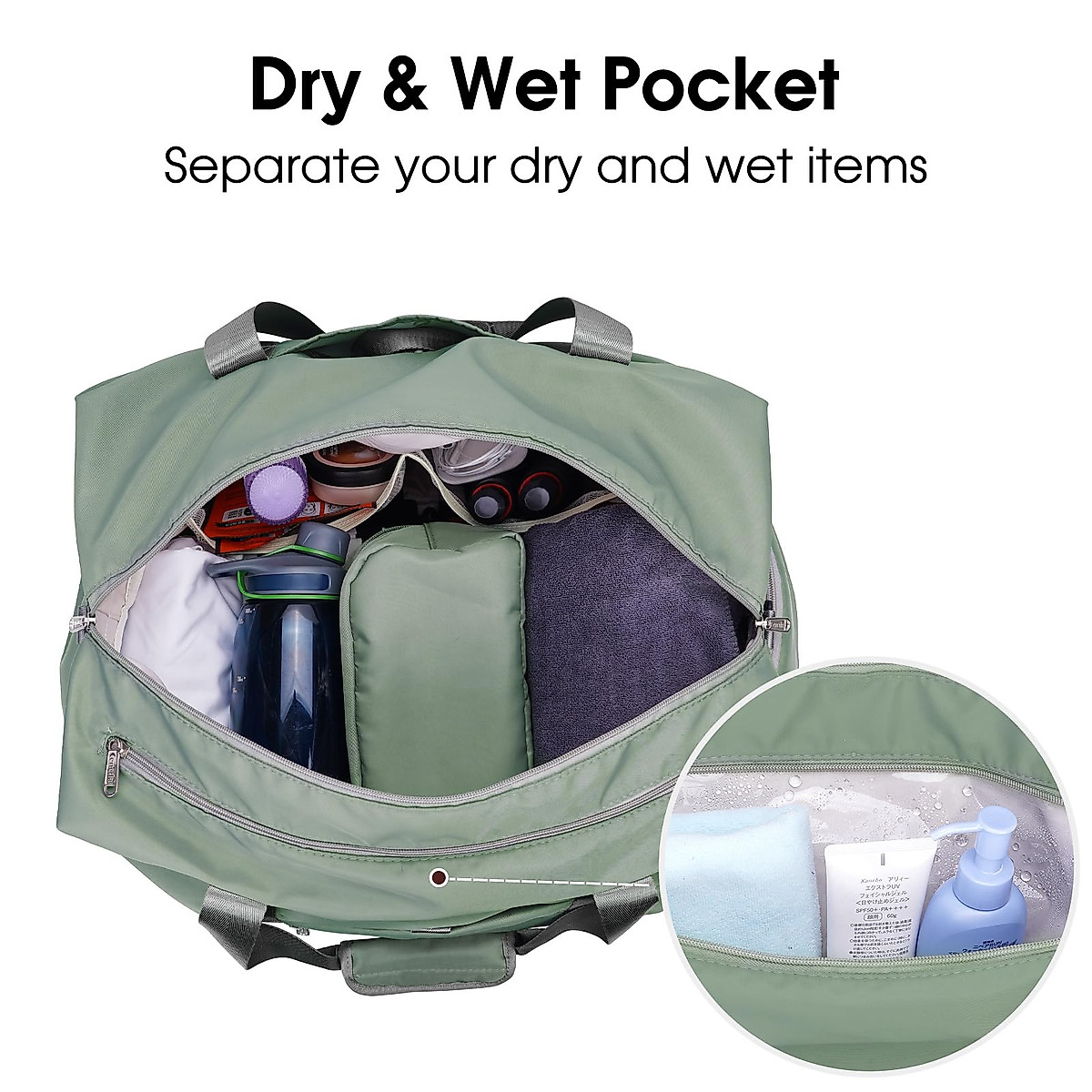 Ceneda 20" Gym Duffel Bag with Wet Pocket Shoes Compartment Portable Overnight Weekender Bag Travel bag Yoga Bag for Women (Celadon)