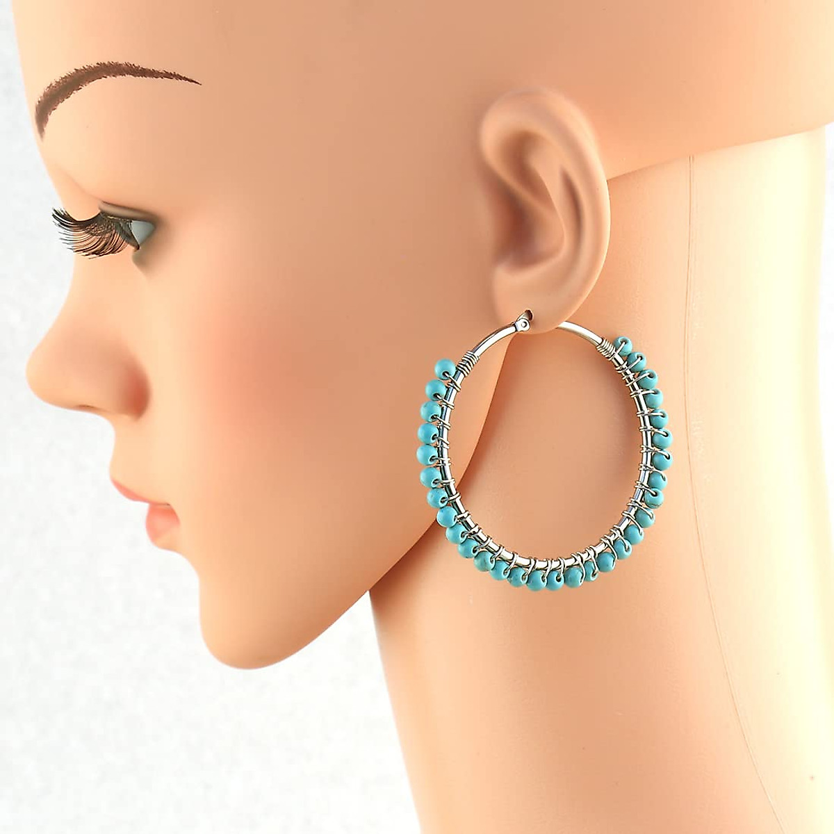 Chmuen Faux Turquoise Beaded Hoop Earrings Vintage Stainless Steel Big Earrings (50mm, Silver tone)