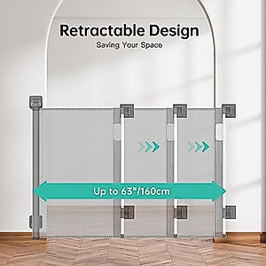 TATAVR Retractable Baby Gate, Mesh Baby Gate or Mesh Dog Gate, 33" Tall, Extends up to 63" Wide, Child Safety Gate for Doorways, Stairs, Hallways, Indoor/Outdoor(Gray)