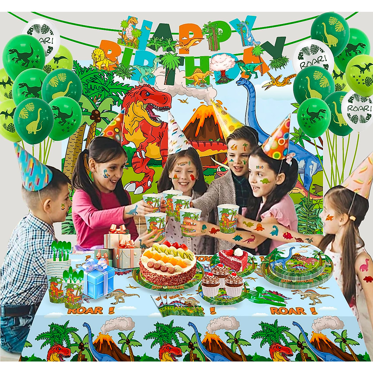 Dinosaur Birthday Decorations Kit For Boys Dinosaur Party Supplies Dino Backdrop Plates Cups Napkins Banner Balloon Tablecloth Cake Toppers