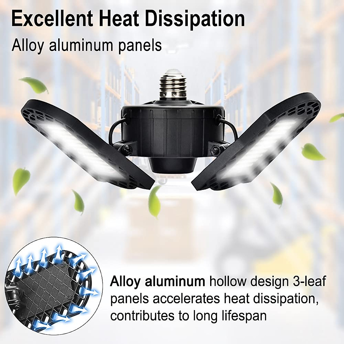 HengBo LED Garage Light, 80W Deformable Aluminum Bright Garage Ceiling LED Light with 3 Adjustable Panels, 8000LM 6500K Daylight E26 Base Trefoil Lamp with Light Socket for Garage, Warehouse, Workshop