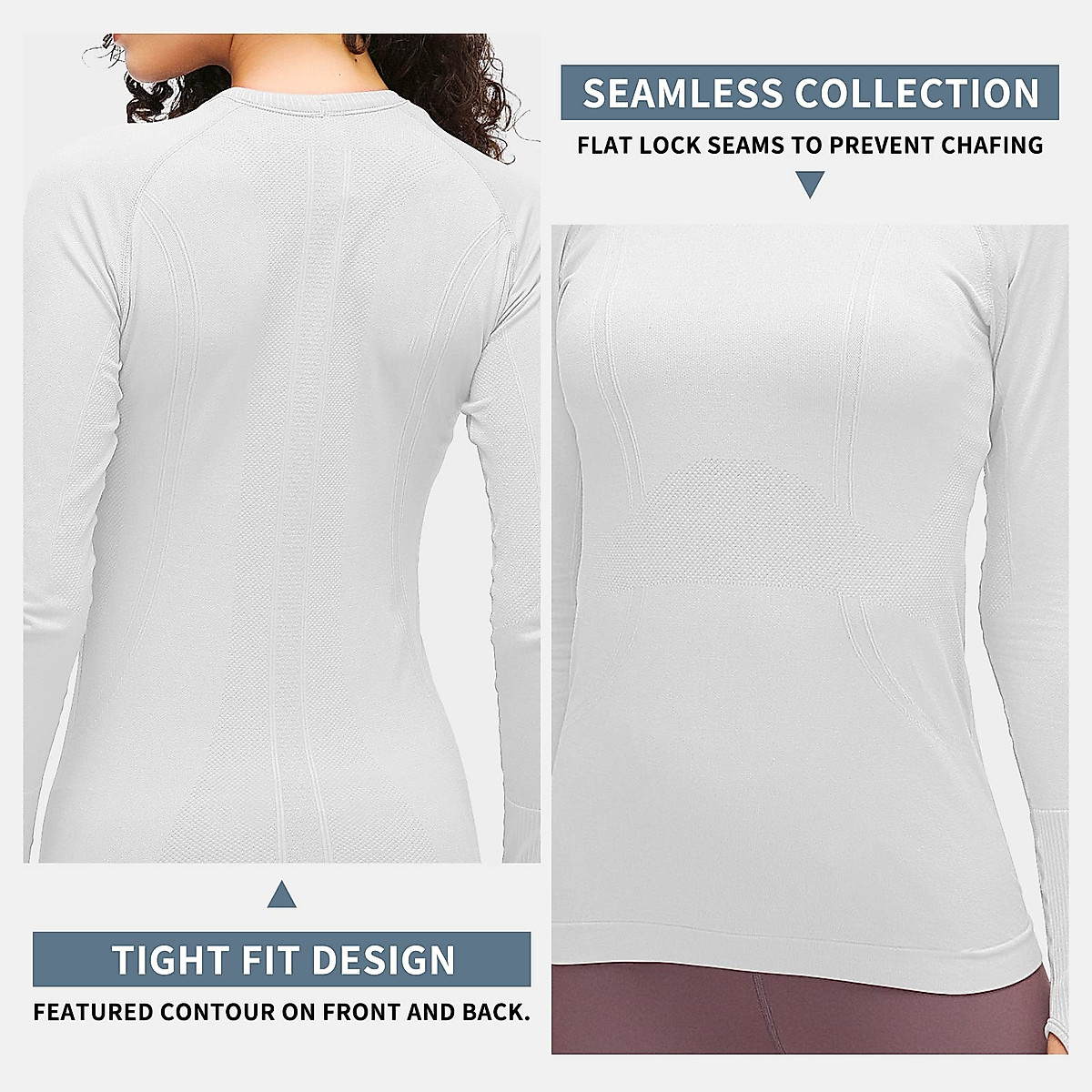 Long Sleeve Workout Shirts for Women Seamless Yoga Tops, Running T-Shirt Breathable Gym Athletic Tops Slim Fit White