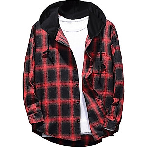Mens Hooded Flannel Plaid Button Shirt Lightweight Long Sleeve Shirt Jackets with Hood Red Black