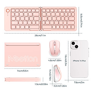 MEETION Foldable Keyboard and Mouse, Portable Bluetooth Keyboard and Mini Mouse with Stand Holder, for Travel, Business, Gifts, USB-C Rechargeable, Travel Keyboard Mouse for iPad Tablets Laptop, Pink