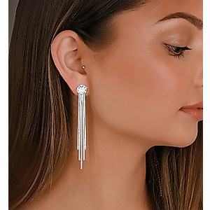 KristLand - S925 Silver/Alloy Hook Sleek Chain Tassel Drop Earrings Long Crystal Fringe Dangle Simple Dainty Earrings Tassel Earrings A Zircon Silver