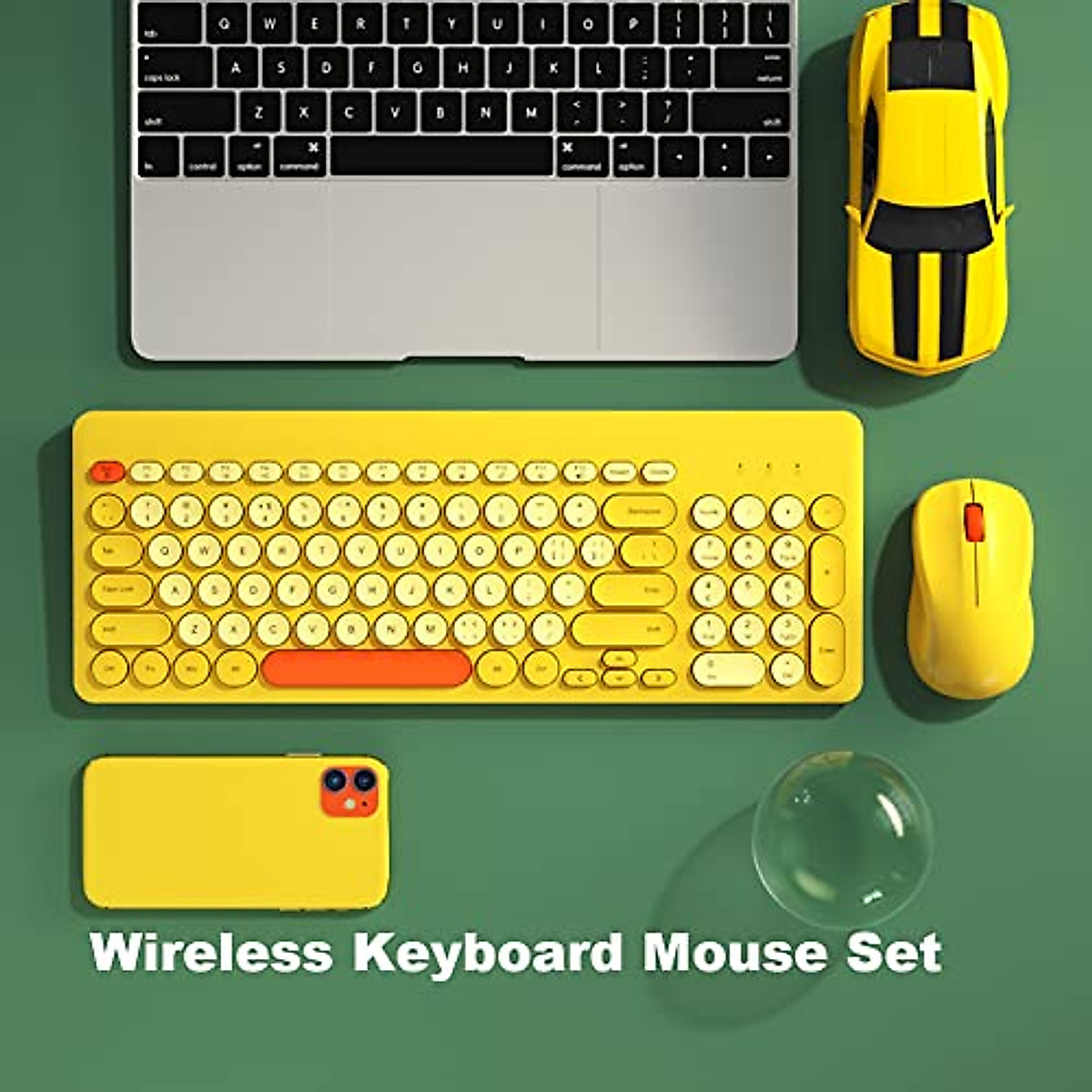 Wireless Keyboard with Mouse Combo, 2.4G Full Size Keyboard with Round Keycap and Silent Optical Mice Set for Computer PC Laptop (Yellow)