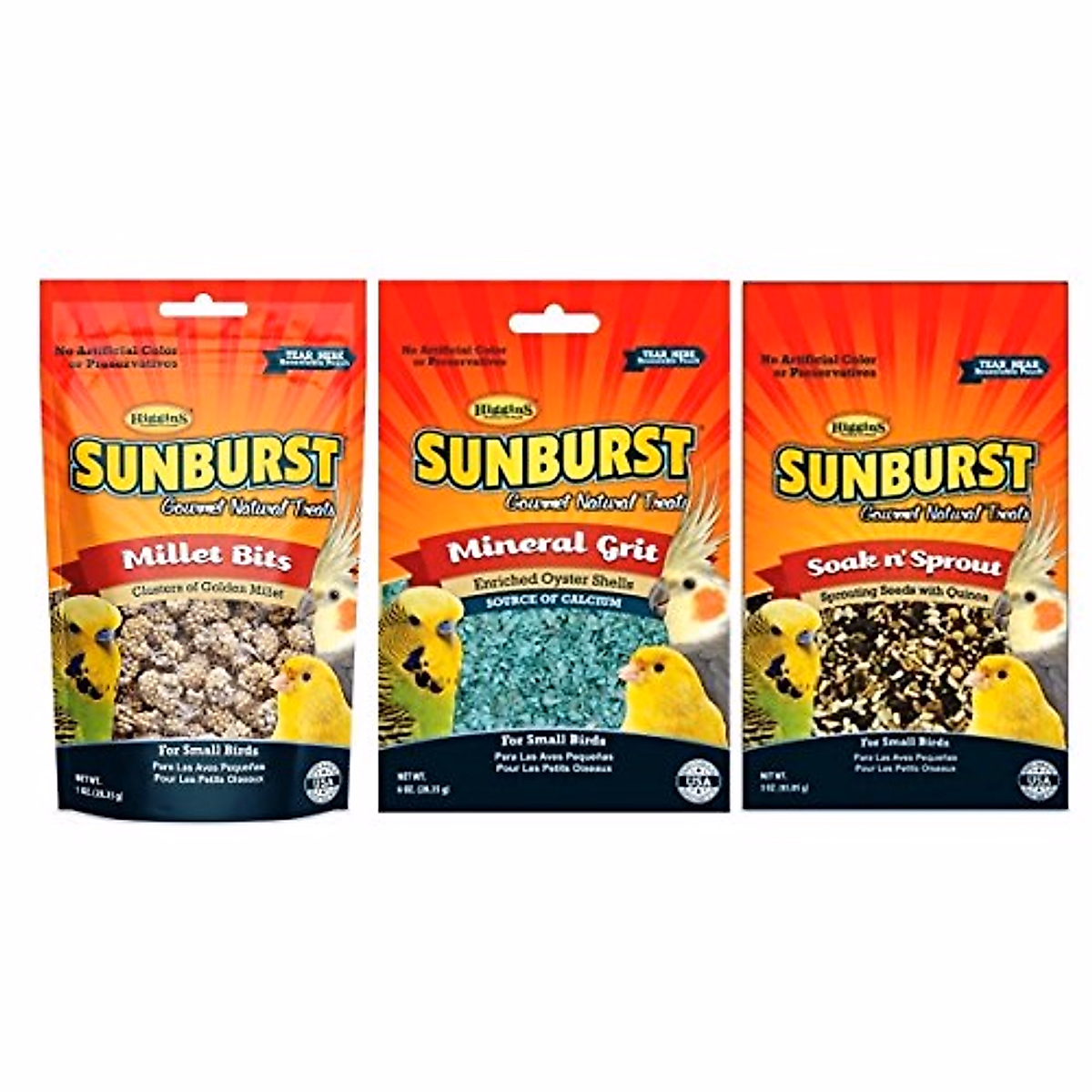 Higgins Sunburst Gourmet Natural Treats 3 Flavor Variety Sampler Bundle: (1) Millet Bits, (1) Mineral Grit, and (1) Soak n' Sprout, 1-6 Oz. Ea. (3 Bags Total)