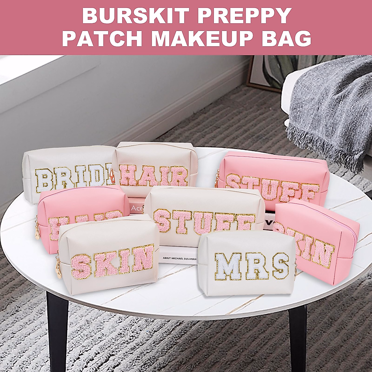 Burskit Preppy Patch Stuff Portable Makeup Bag Bulk Pu Leather Cosmetic Bag Waterproof Travel Organizer Zipper Pouch Storage Purse for Women Girls Gift (HZB-CS-stuff-1)